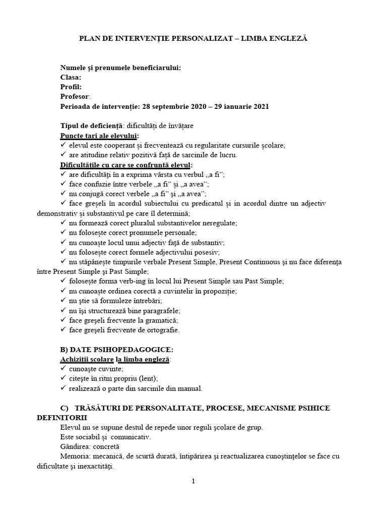 Plan - de - Interventie - Personalizat - Limba - Engleza MODEL | PDF