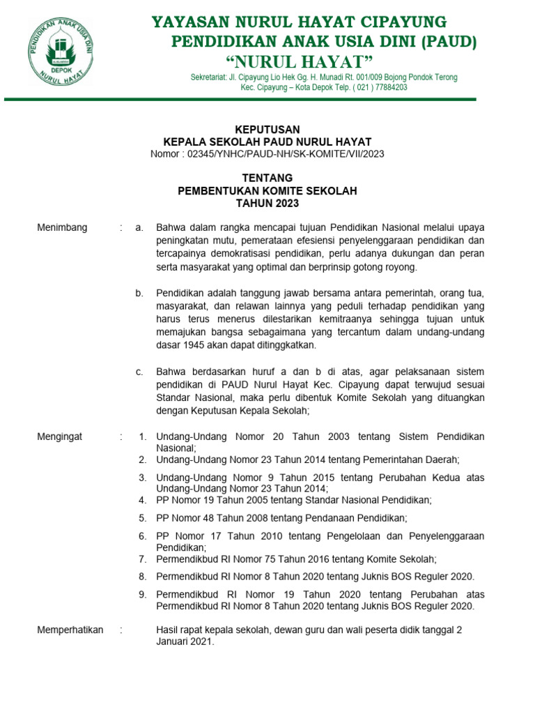 Contoh SK Komite Sekolah PAUD 2023 | PDF