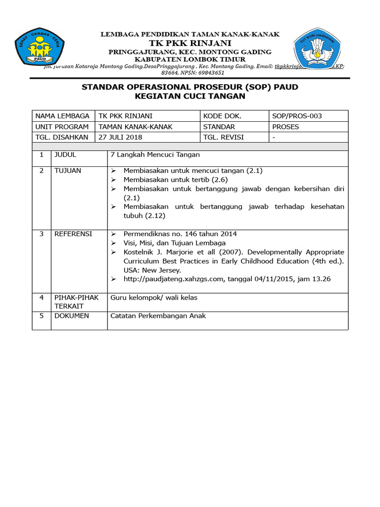 3 Sop Paud Kegiatan Cuci Tangan | PDF