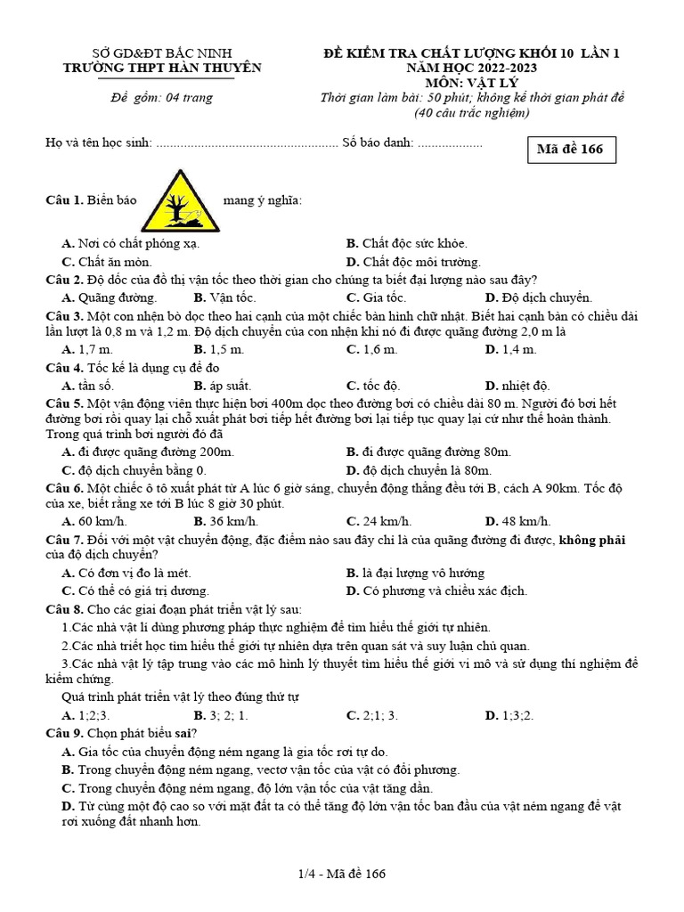 De Kiem Tra Vat Ly 10 Lan 1 Nam 2022 2023 Truong THPT Han Thuyen Bac Ninh | PDF