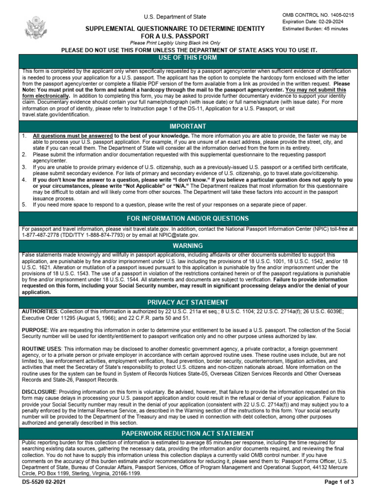 DS-5520 Identity Questionnaire for Passport | PDF | Law
