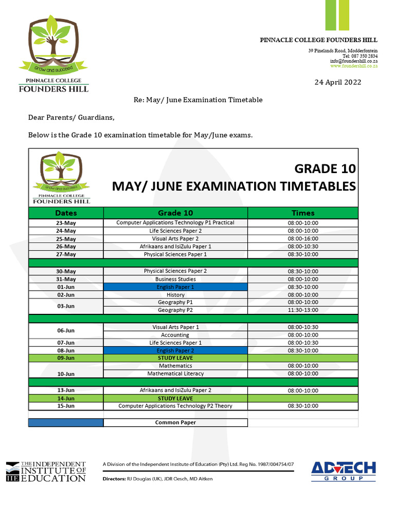 Grade 10 Exam Timetable Letter1650807969397 | PDF