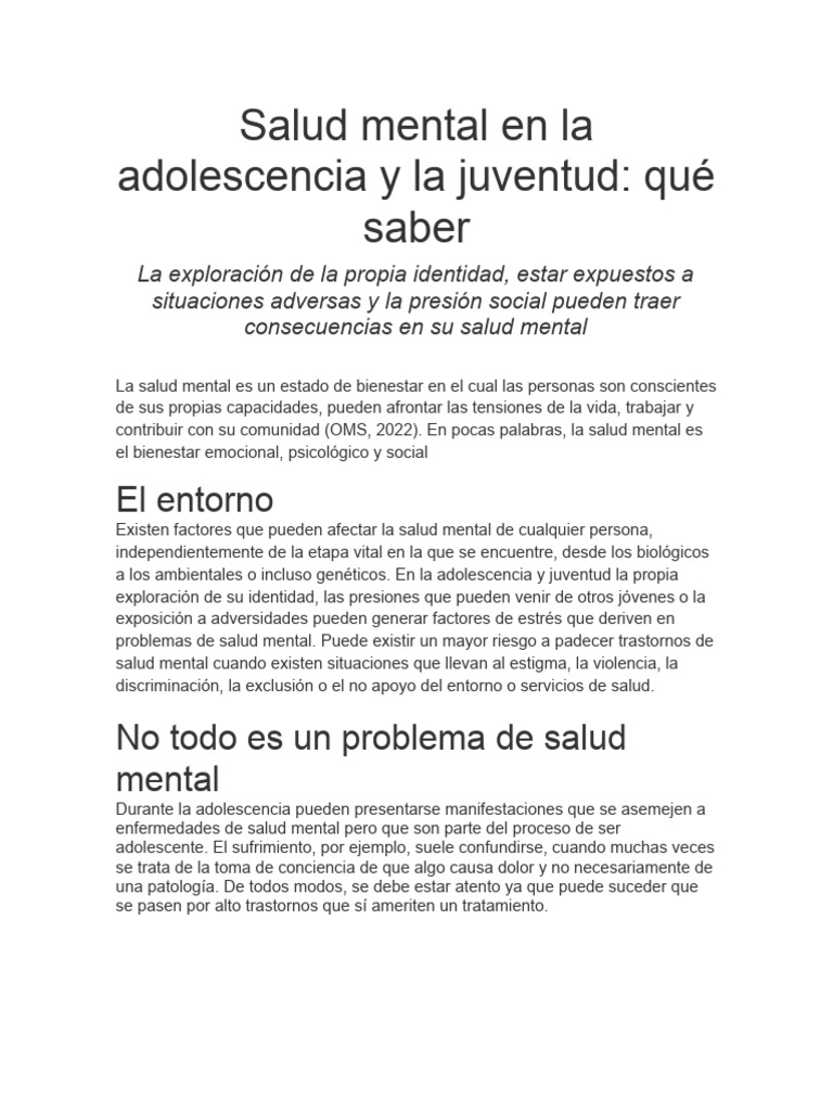 Salud Mental en La Adolescencia y La Juventud Sem 13 CR | PDF | Salud ...