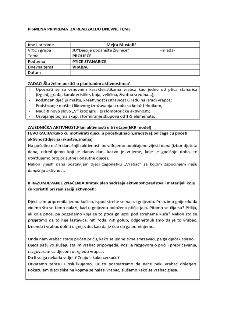 Priprema - Vrabac | PDF