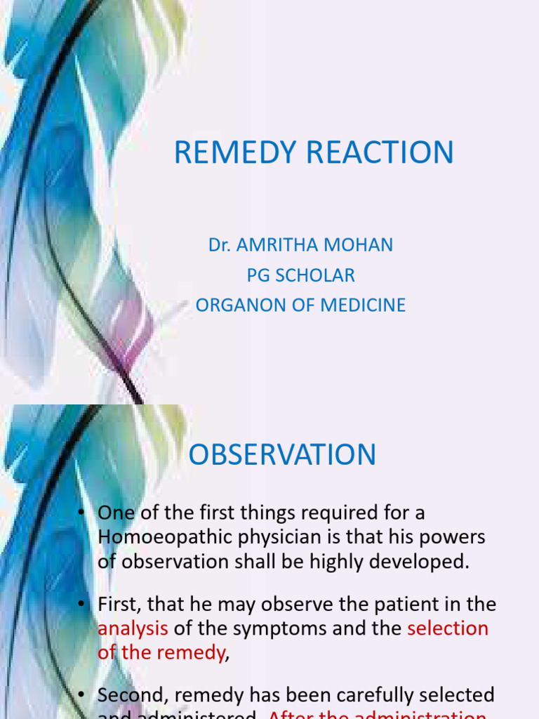 REMEDY REACTION - Dr. Amritha Mohan | PDF | Cure | Homeopathy
