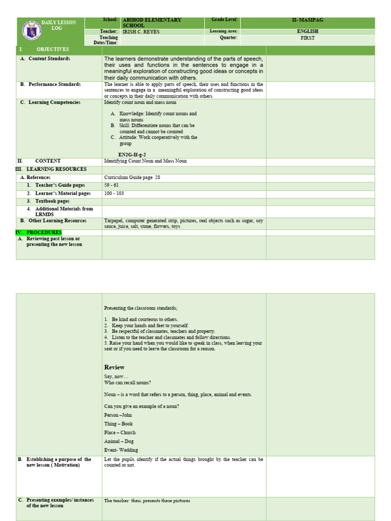 Count and Mass Nouns Lesson Plan | PDF