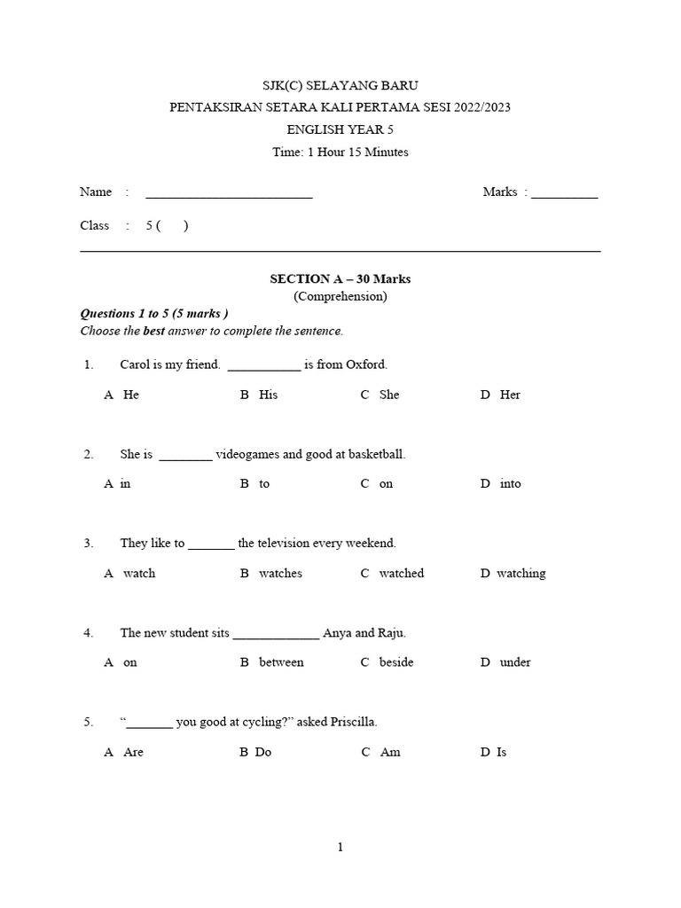 Year 5 Paper 1 Setara Kali Pertama | PDF