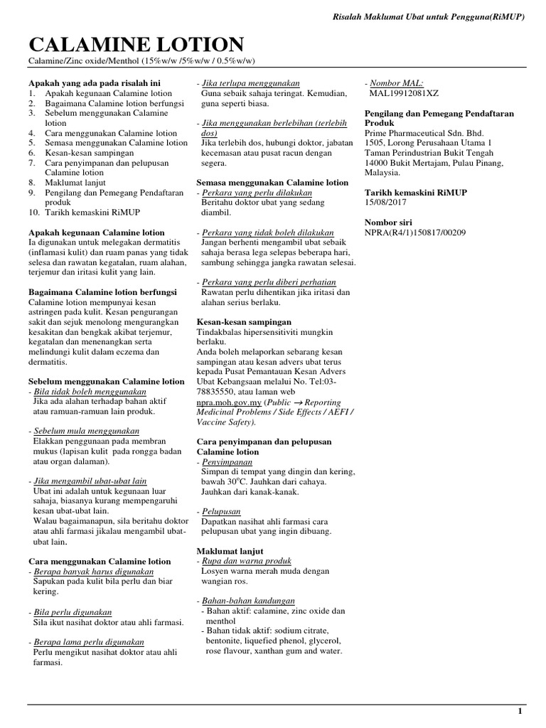 Calamine Lotion Calamine Zinc Oxide Menthol Prime Pharmaceutical SDN ...