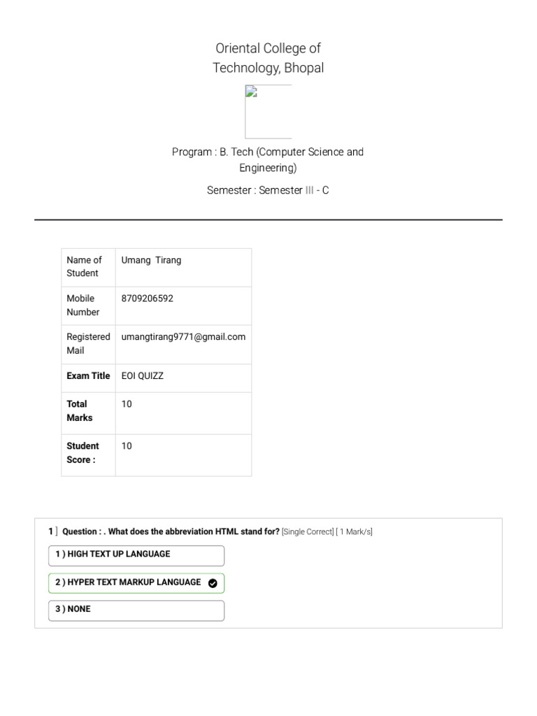 Oriental College of Technology, Bhopal: Program: B. Tech (Computer Science and Engineering ...