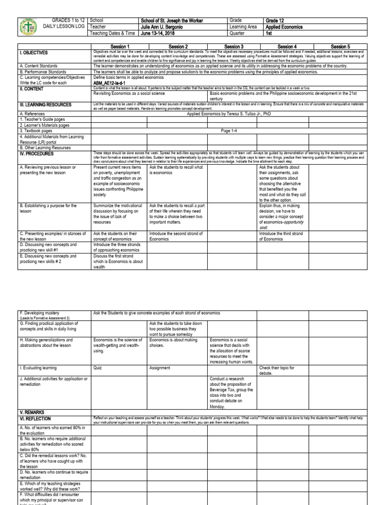 Grade 12 Applied Economics Lesson Plan | PDF