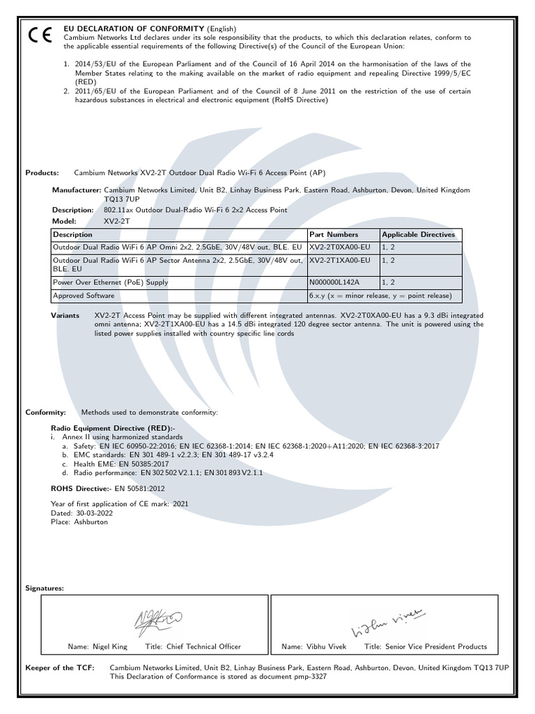 XV2-2T0, XV2-2T1 - EU DoC - pmp-3327 | Download Free PDF | Wi Fi ...