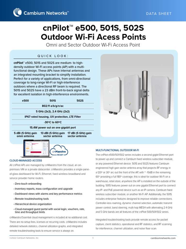 Cambium Networks Data Sheet Cnpilot E500 501S 502S Family | Download Free PDF | Wi Fi | Ieee 802.11