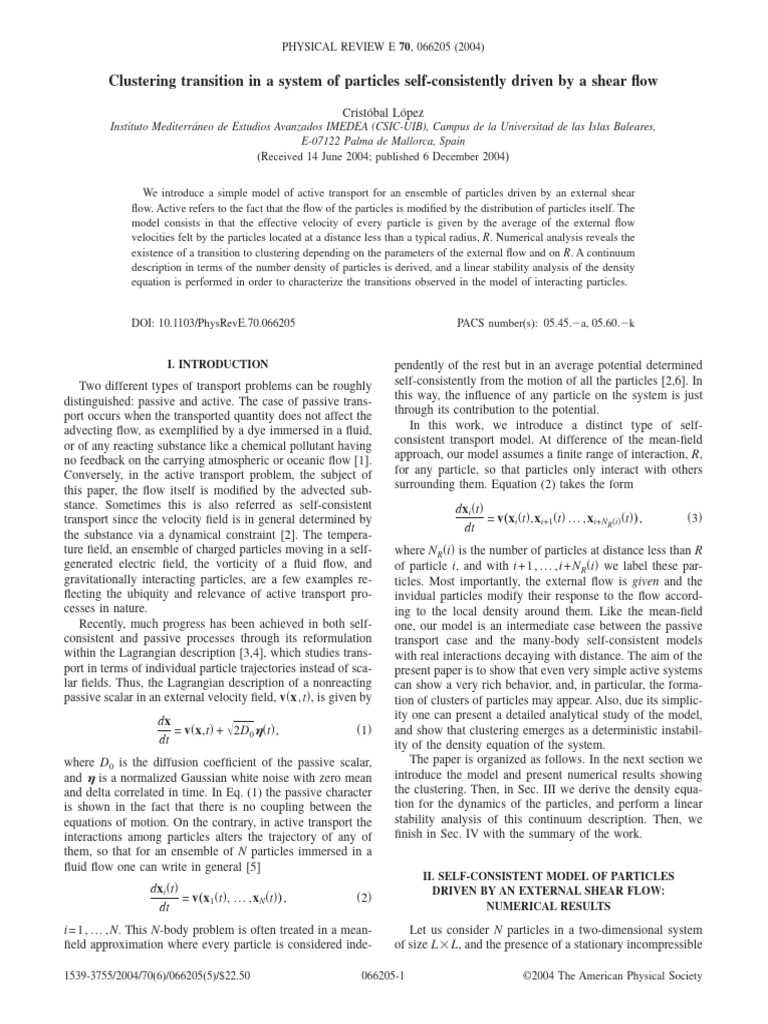 Clustering Transition in A System of Particles Self-Consistently Driven by A Shear Flow | PDF ...