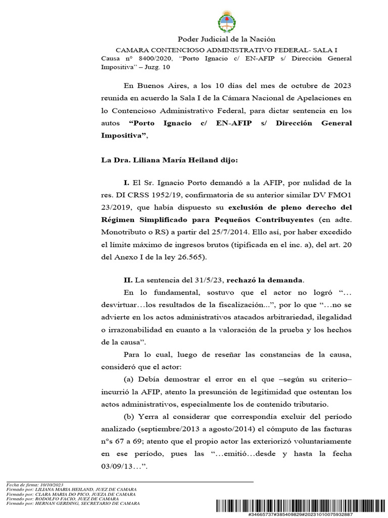 Jurisprudencia 2023 MONOTRIBUTO Fallo Porto, Ignacio C. en | PDF | Caso de ley | Sentencia (ley)