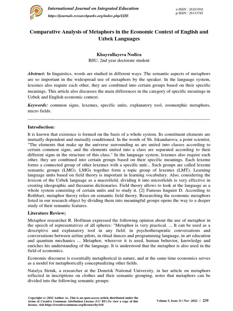 Comparative Analysis of Metaphors in The Economic Context of English and Uzbek Languages | PDF