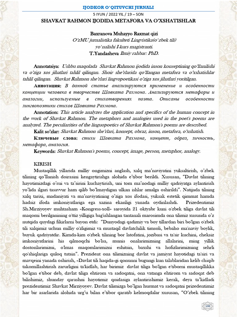 Shavkat Rahmon Ijodida Metafora Va o Xshatishlar | PDF