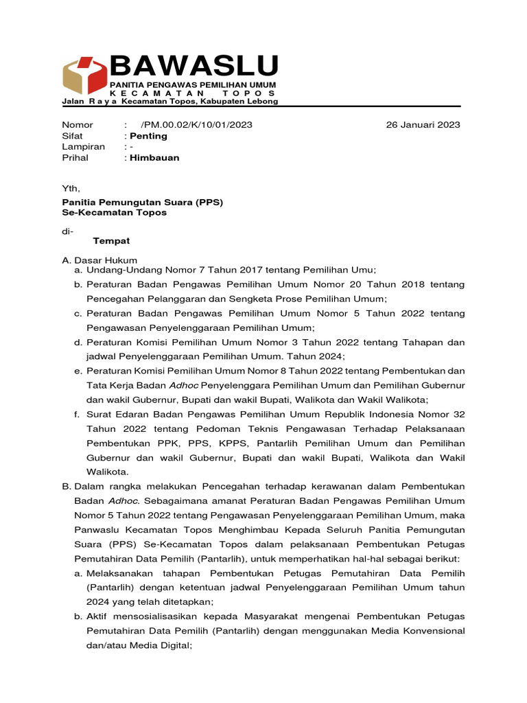 Himbauan Pembentukan Pantarlih Topos | PDF