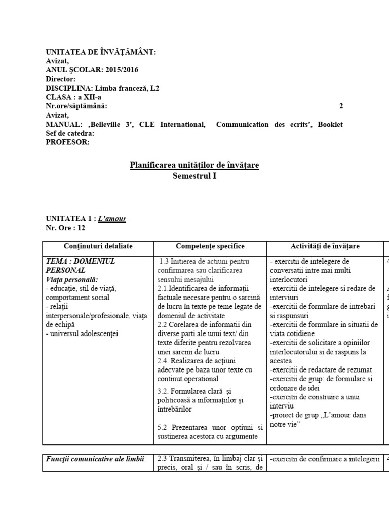 Planificare Pe Unitati de Invatare CL Xii | PDF