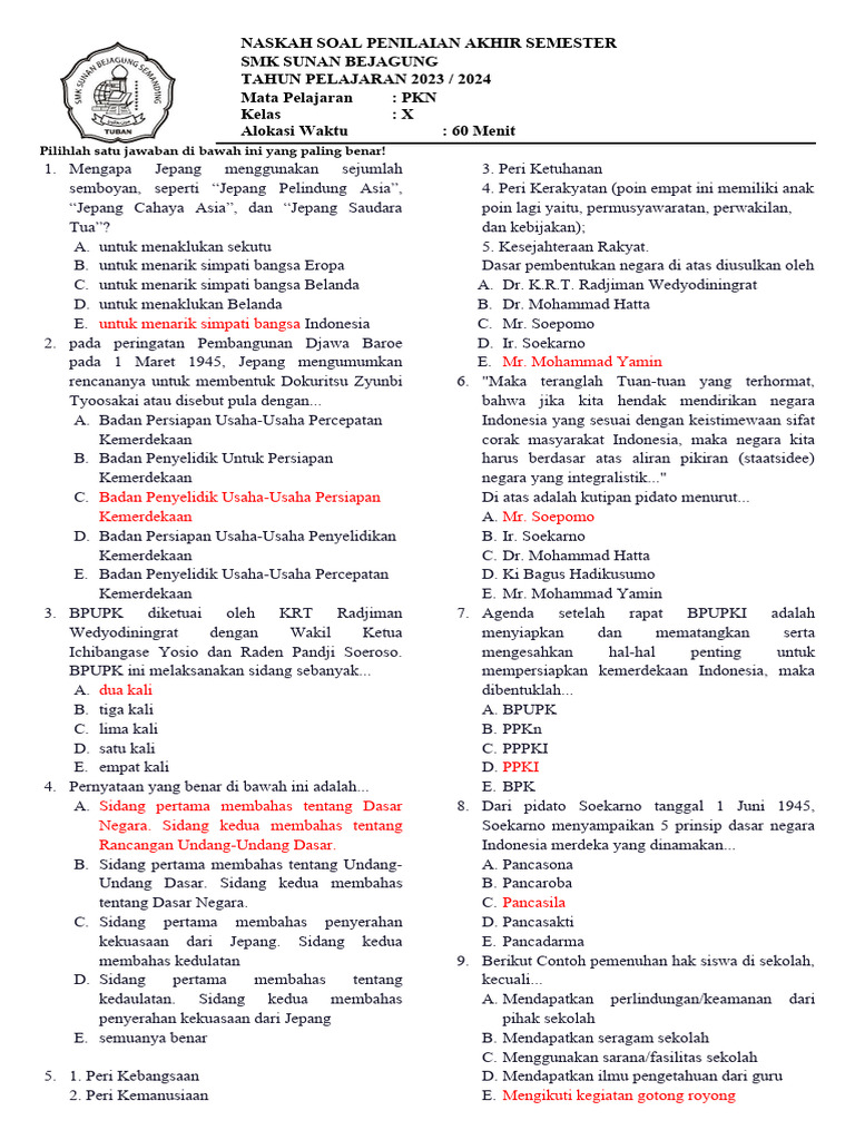 Soal Pas PKN X SMK 2023 2024 | PDF
