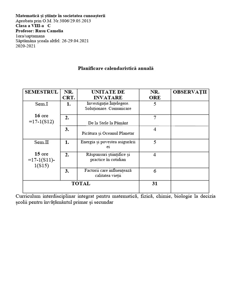 Matematica Si Stiinte Planificare Cls 8 | PDF