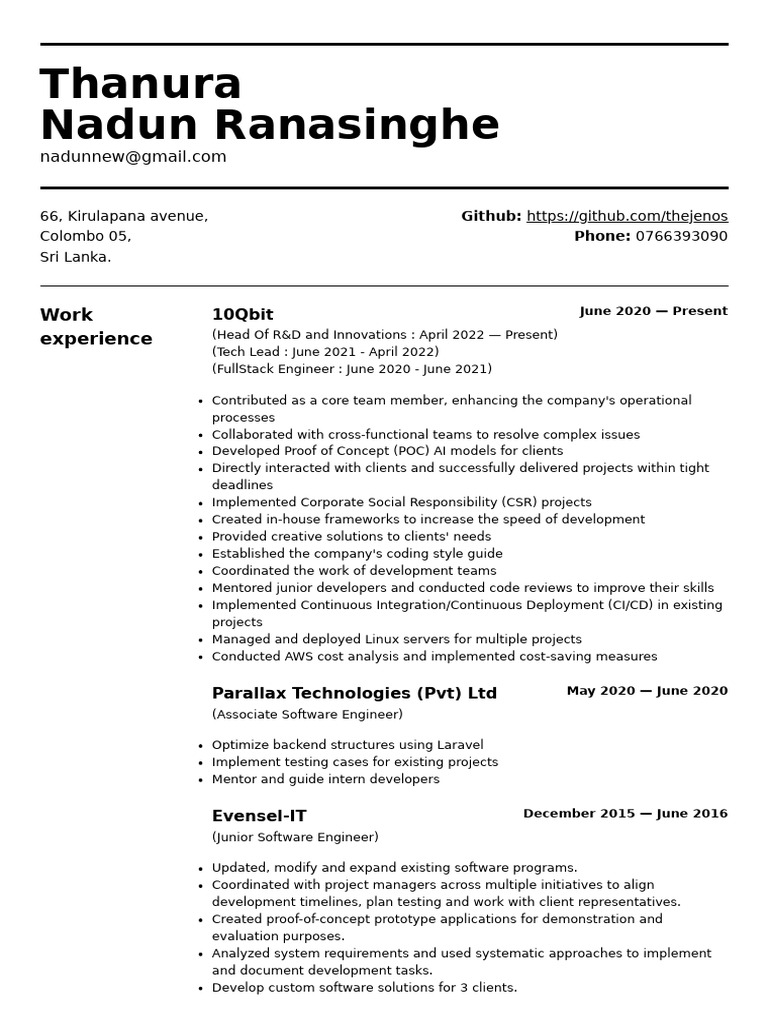 Thanura Nadun Ranasinghe: Work Experience | PDF