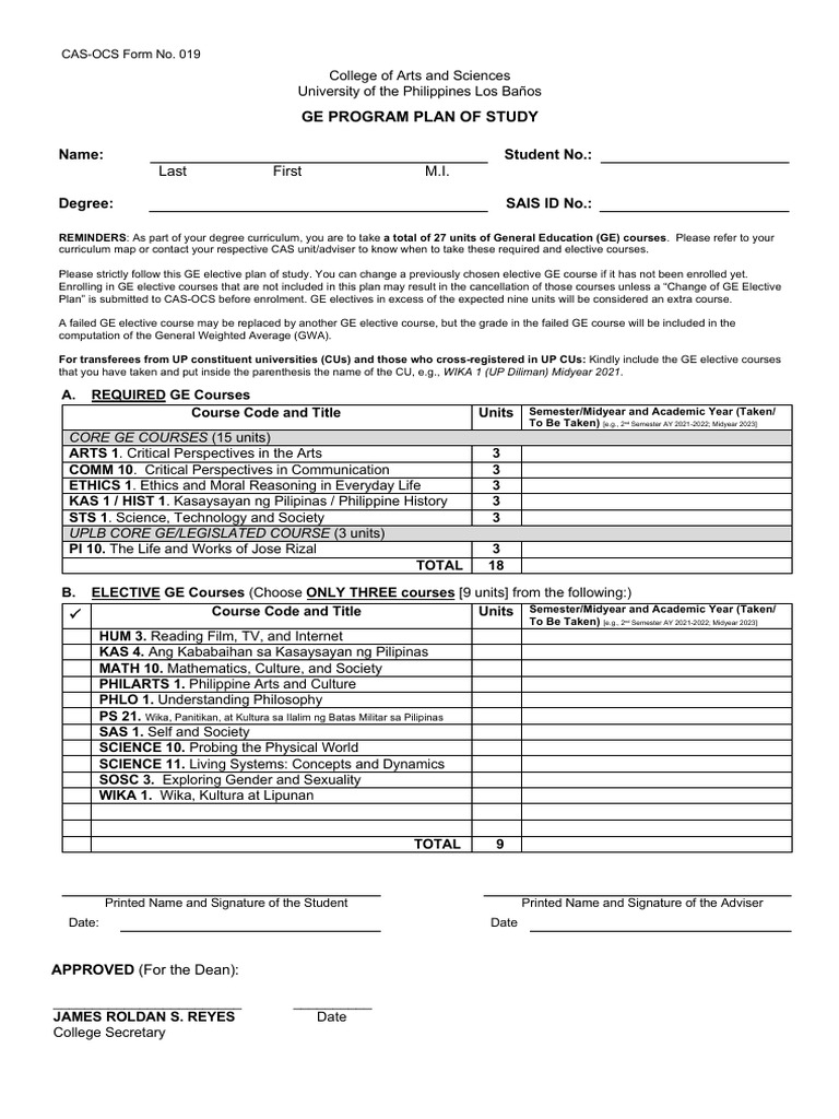CAS OCS Form No. 019 GE Plan of Study | PDF