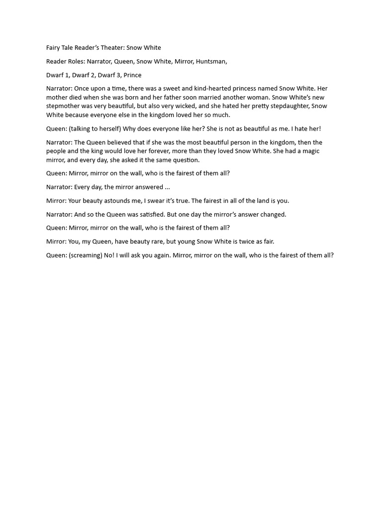 Snow White Reader's Theater Script | PDF | Mystery, Thriller & Crime Fiction | Poetry