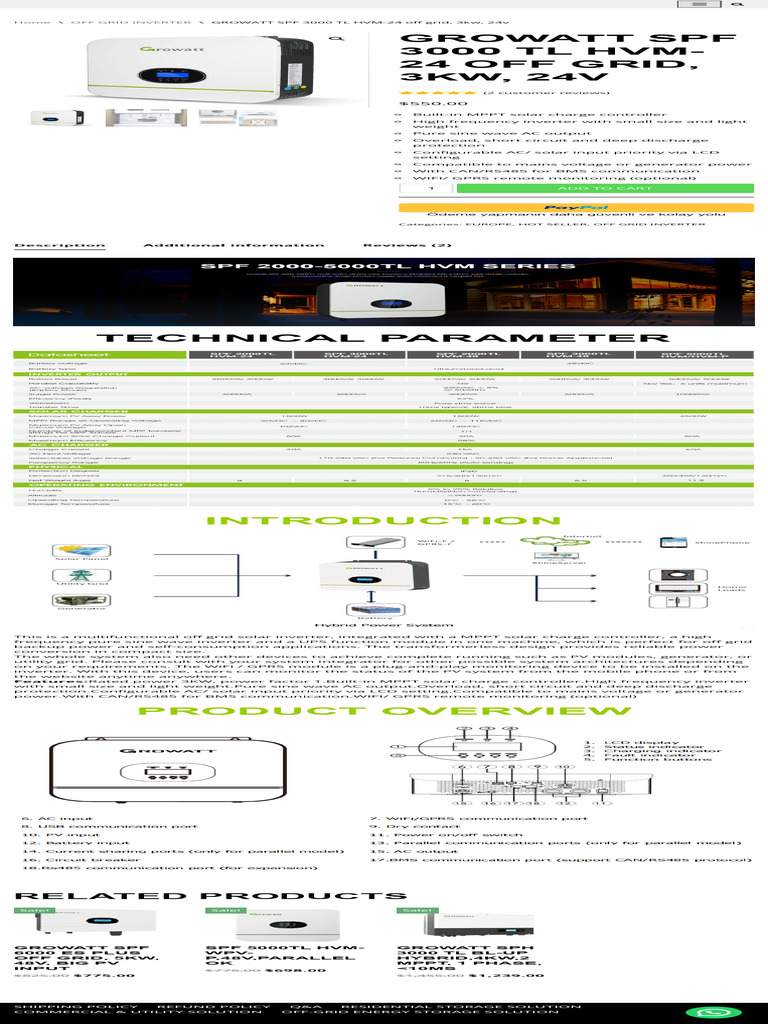 Growatt Spf 3000 Tl Hvm-24 Off Grid, 3kw, 24v | PDF