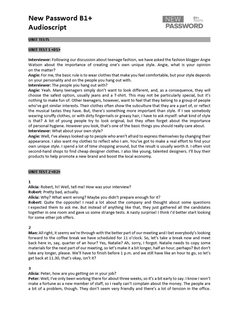 New Password B1+ Tests Audioscript | PDF | Career & Growth