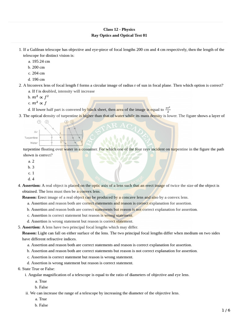 Ray Optics Test | PDF | Reflection (Physics) | Optics