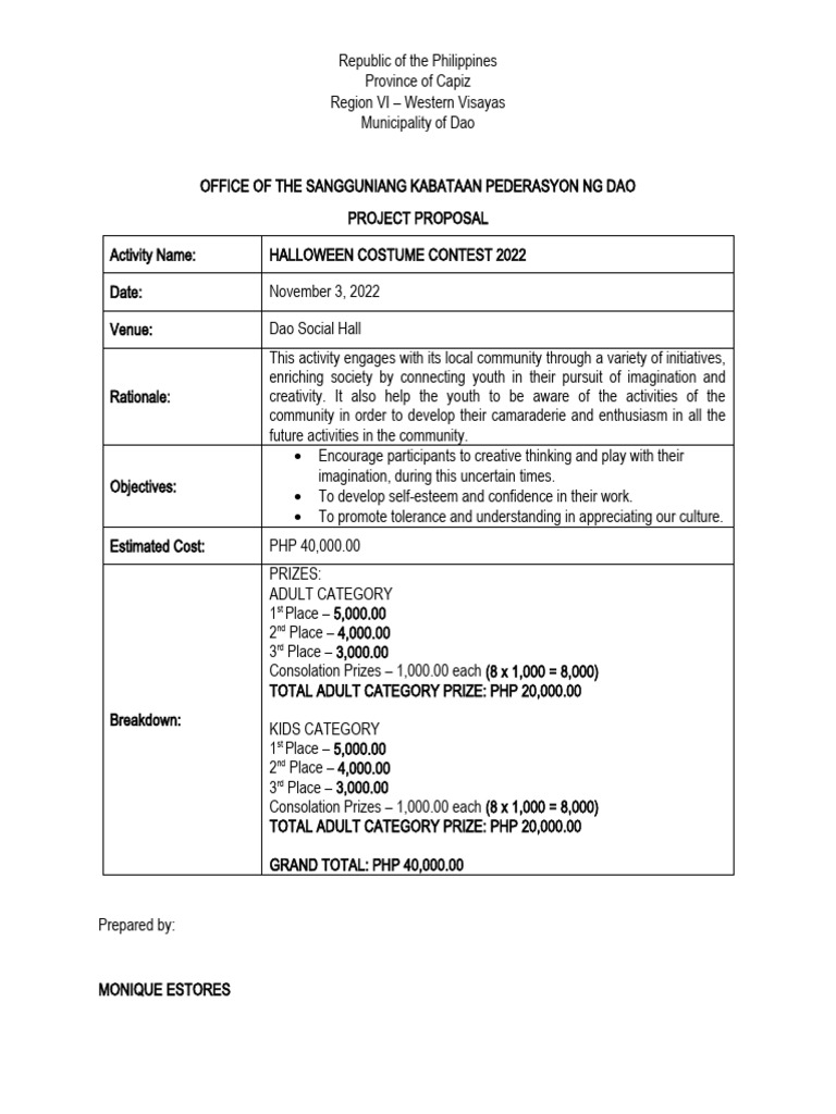 Halloween Costume Contest Proposal 2022 | PDF