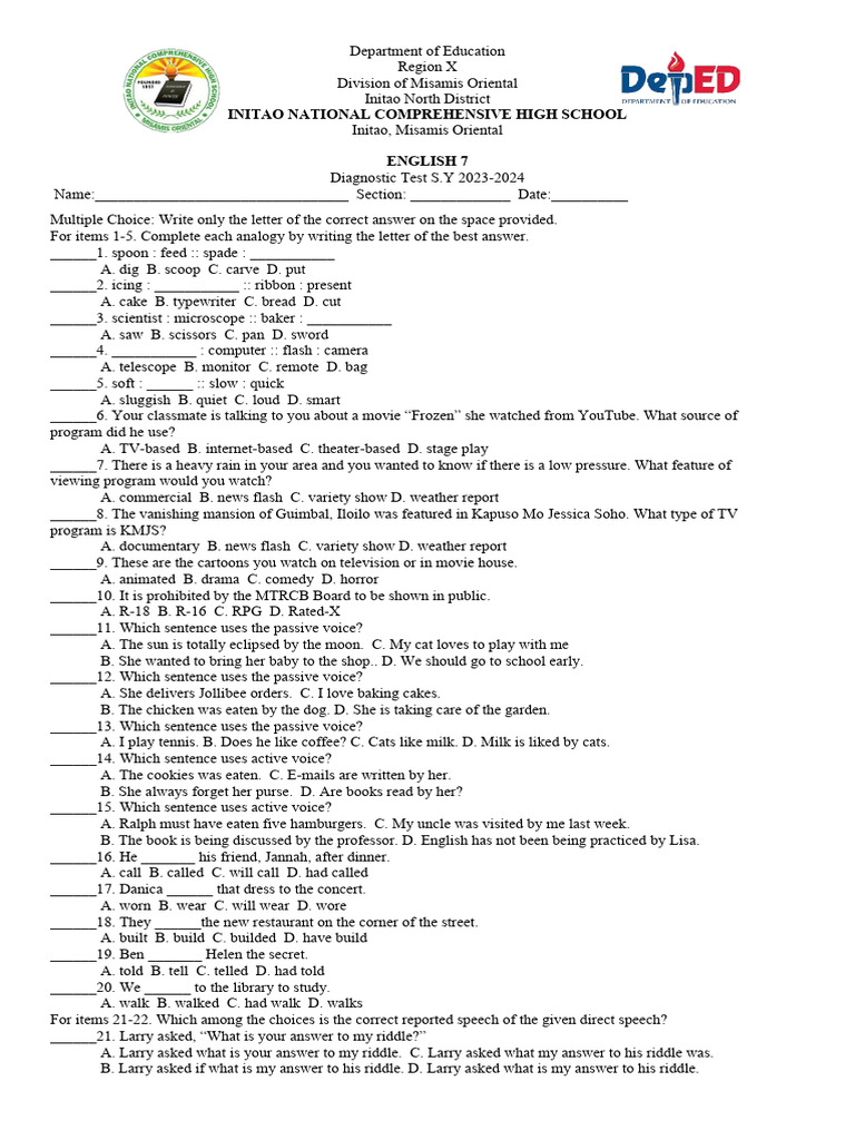 Diagnostic Test (Eng 7) | Download Free PDF | Sentence (Linguistics) | Verb