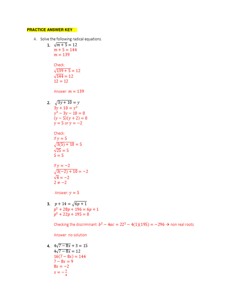 Radical Equations Practice Key | PDF | Kinetic Energy | Mass