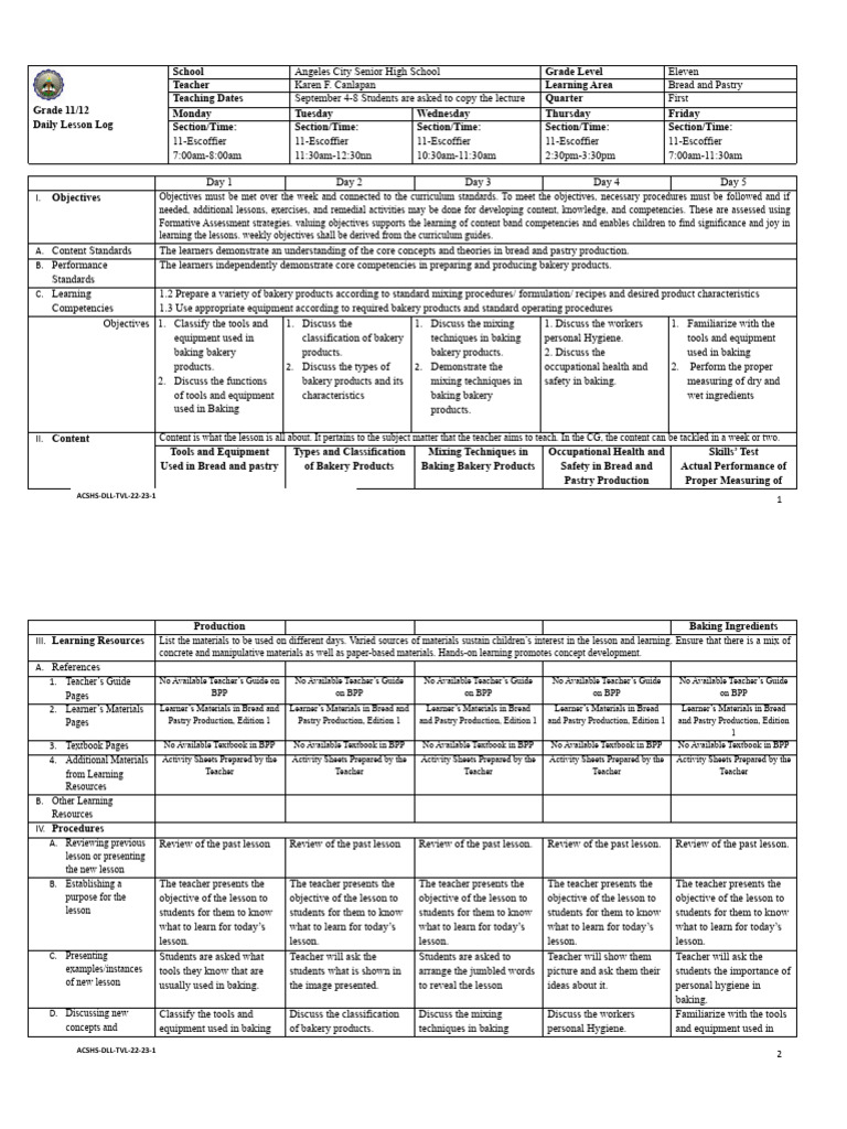 DLL BPP Qtr. 1 Week 2 | PDF | Bakery | Learning