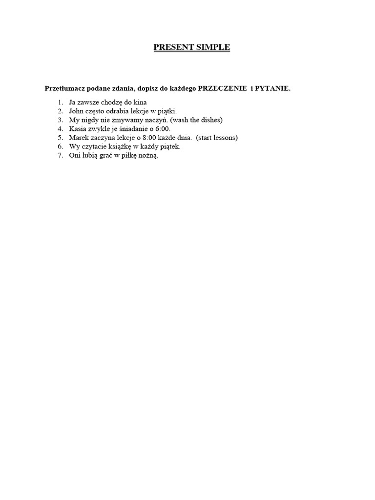 PRESENT SIMPLE - Zdania Do Tłumaczenia | PDF