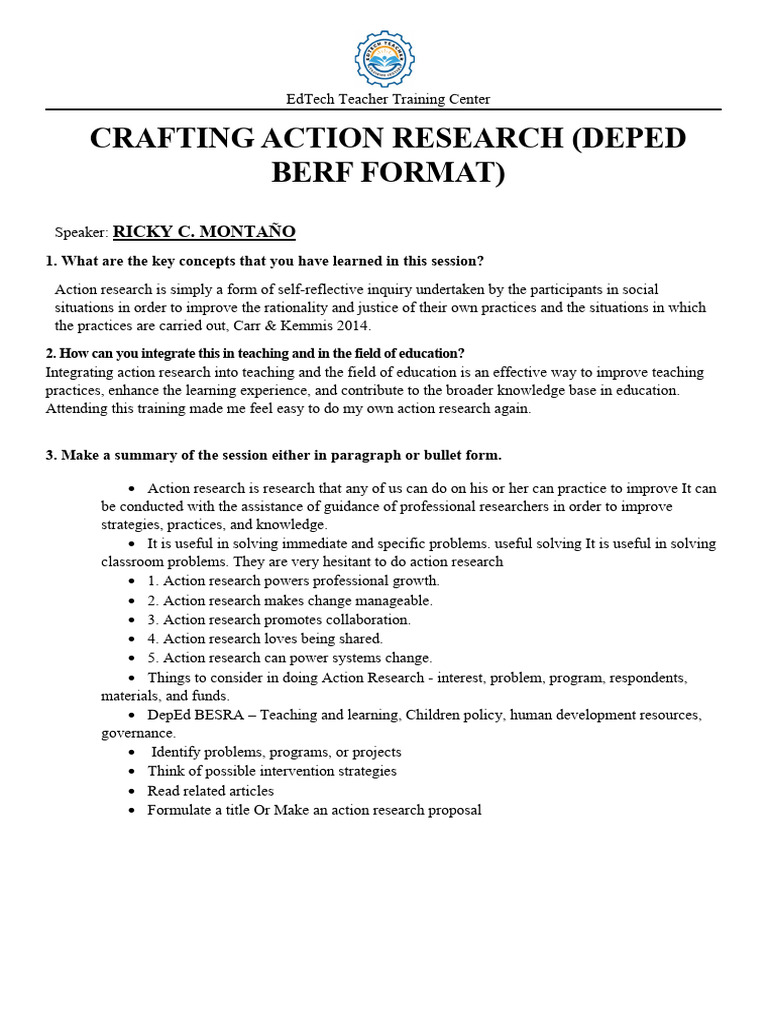 Action Research in DepEd: BERF Format Guide | PDF