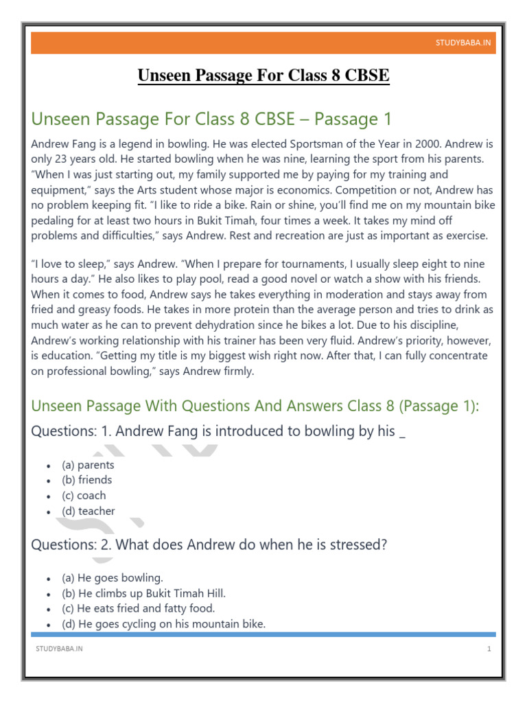Unseen Passage For Class 8 CBSE | PDF | Wellness