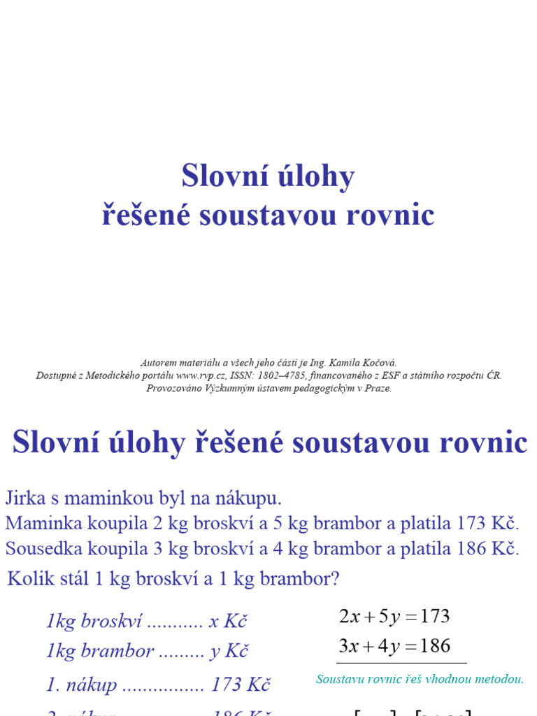 Slovni Ulohy Resene Soustavou Rovnic | PDF