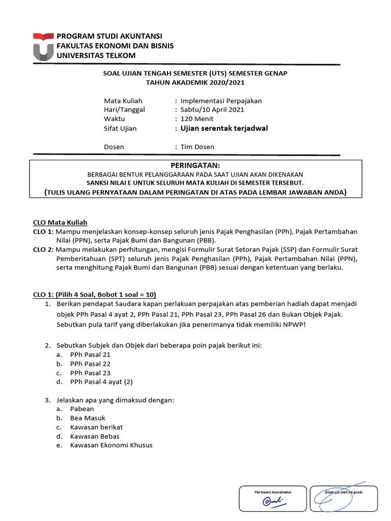 Soal UTS - Implementasi Perpajakan | PDF | Bisnis | Pengelolaan Keuangan & Uang