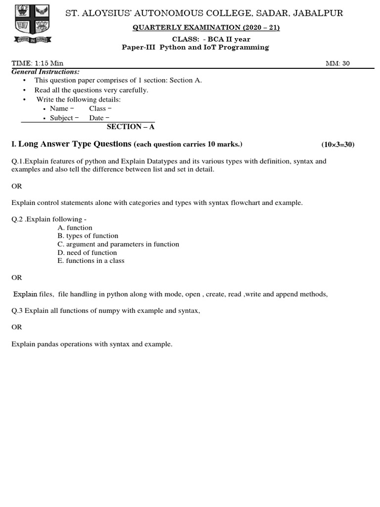Question Paper of Python | PDF