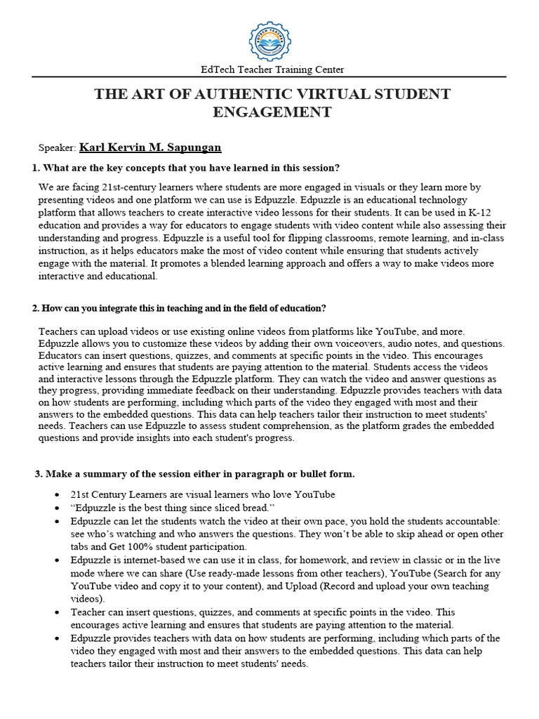 The Art of Authentic Virtual Student Engagement With Edpuzzle | PDF ...