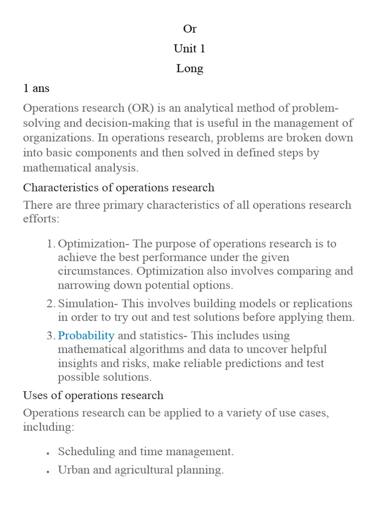 Or Unit 1 Long 1 Ans: Characteristics of Operations Research | PDF