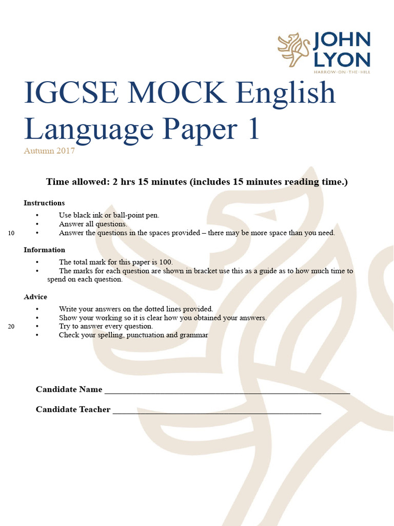 IGCSE English Mock Exam Paper 1 | PDF