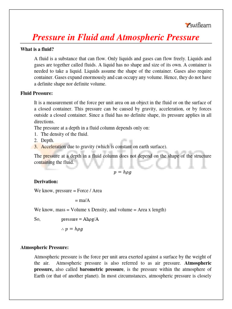 Fluid and Atmospheric Pressure Explained | PDF