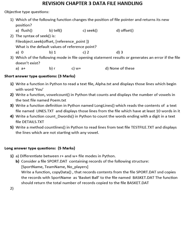 Revision Chapter 3 Data File Handling | PDF