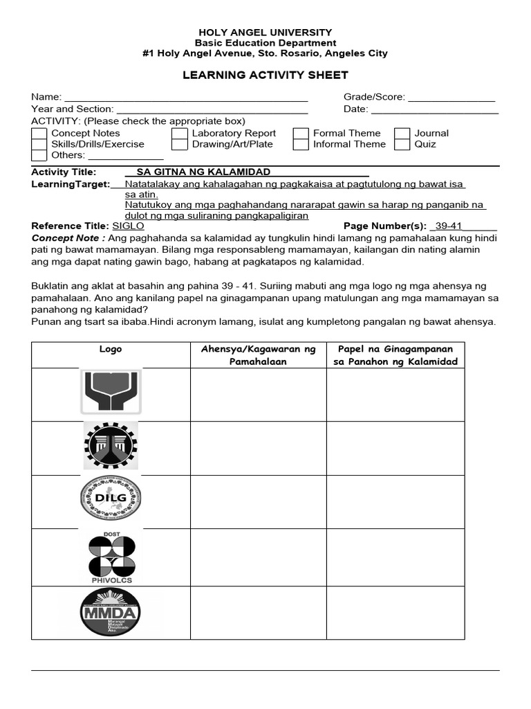 Learning Activity Sheet: Concept Note: Ang Paghahanda Sa Kalamidad Ay ...