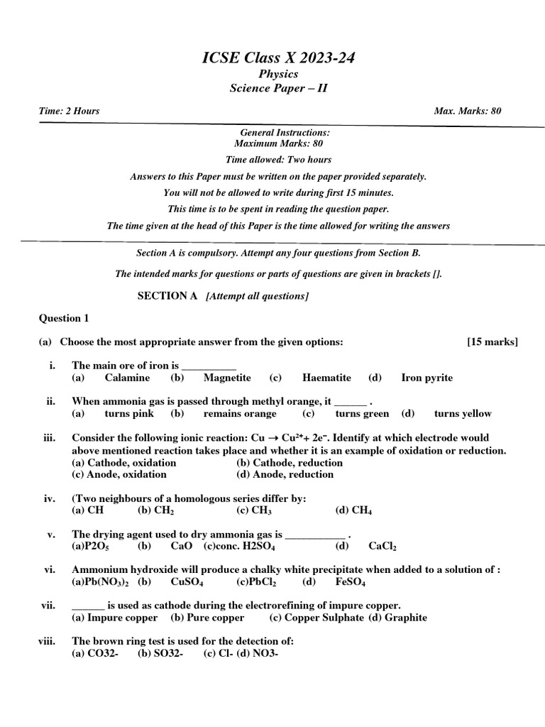ICSE Class X Physics Exam | PDF | Teaching Methods & Materials | Science & Mathematics