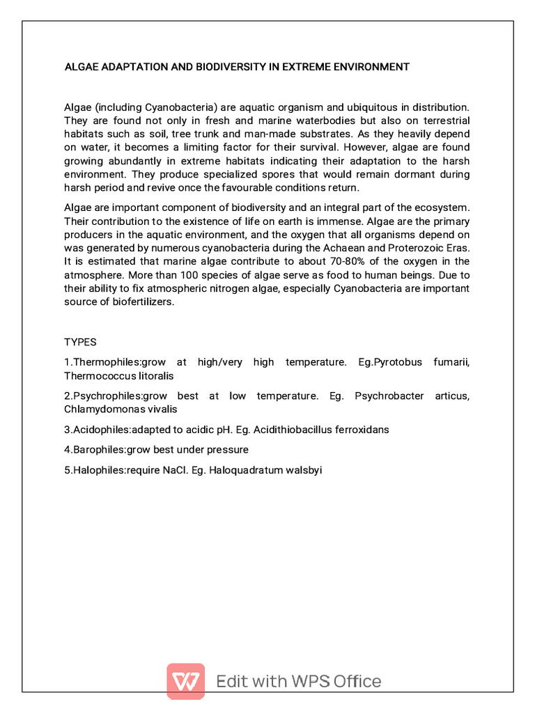 Adaptation of Algae | PDF | Cyanobacteria | Hydrothermal Vent