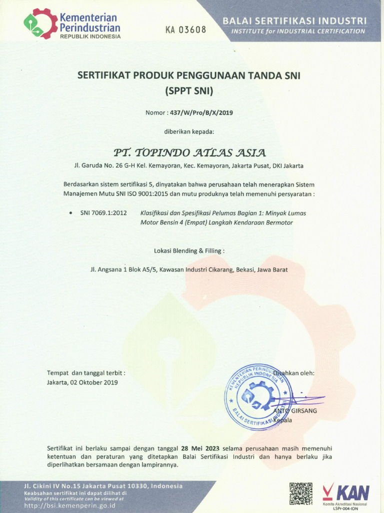 Sertifikat Sni Top 1 | PDF