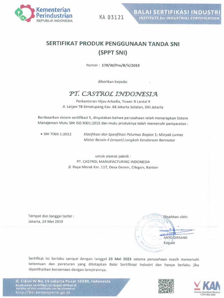 SNI-Certificate Merak Castrol Plant-1 | PDF